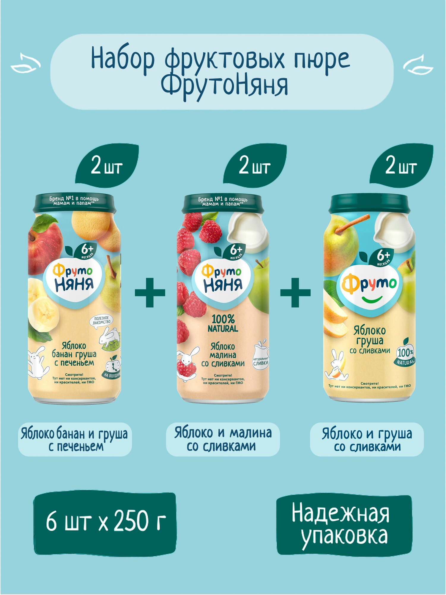 Пюре ФрутоНяня фруктовое ассорти: малина со сливками, груша со сливками, банан-груша-печенье, набор 6 банок по 250 грамм