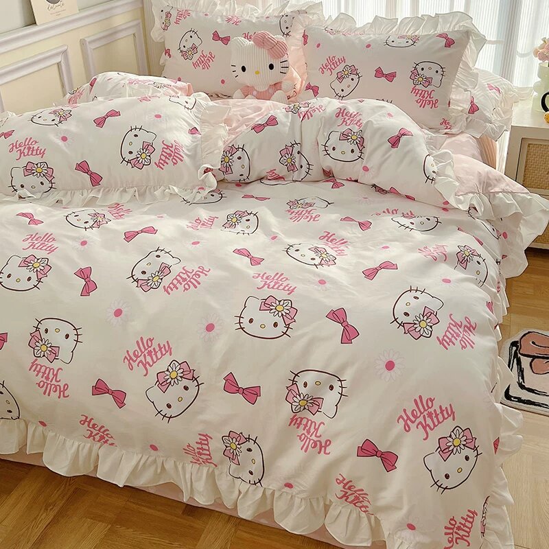 Пододеяльник Hello Kitty из 100% хлопка в стиле Ins, с кружевом, для сна без одежды, односпальный/двуспальный, в стиле
