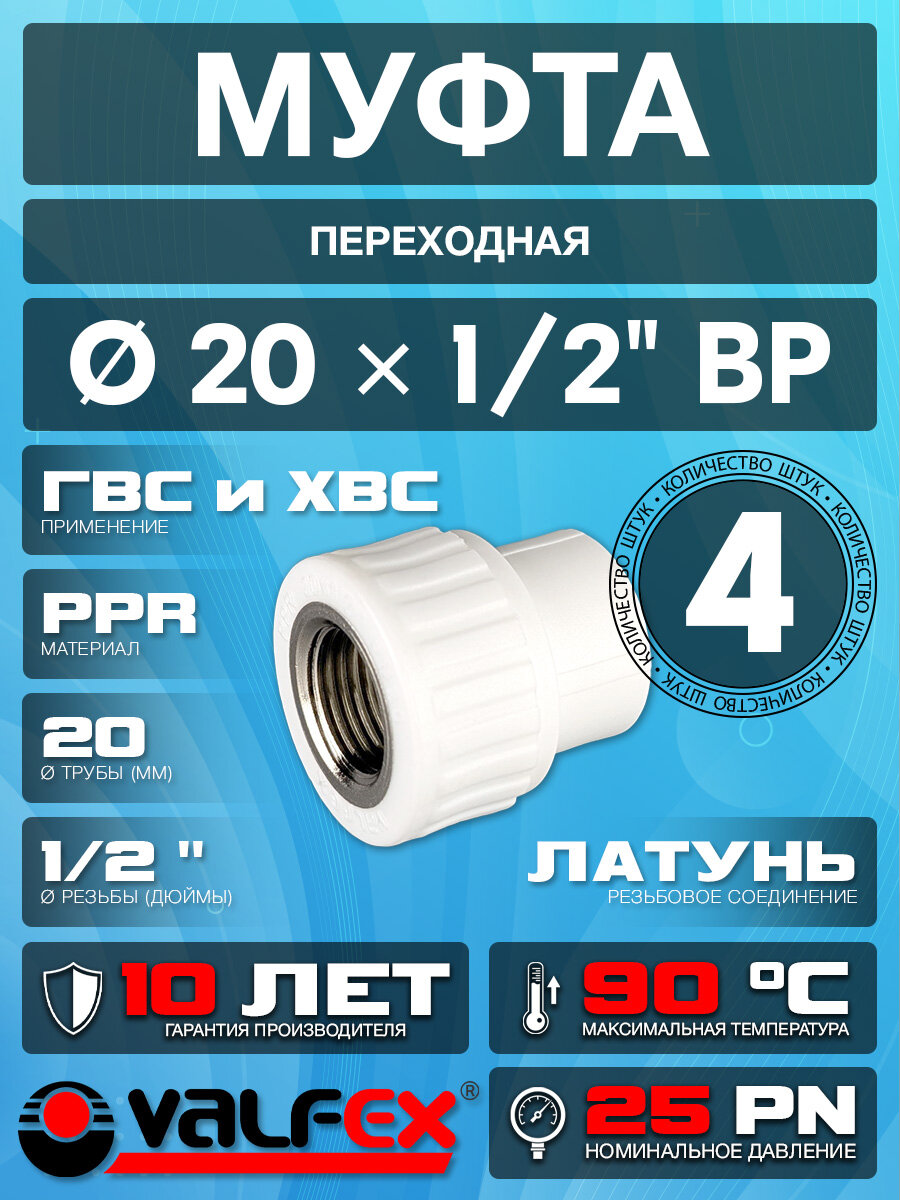 Муфта полипропиленовая переходная с внутренней резьбой 20x1/2" (4 шт)