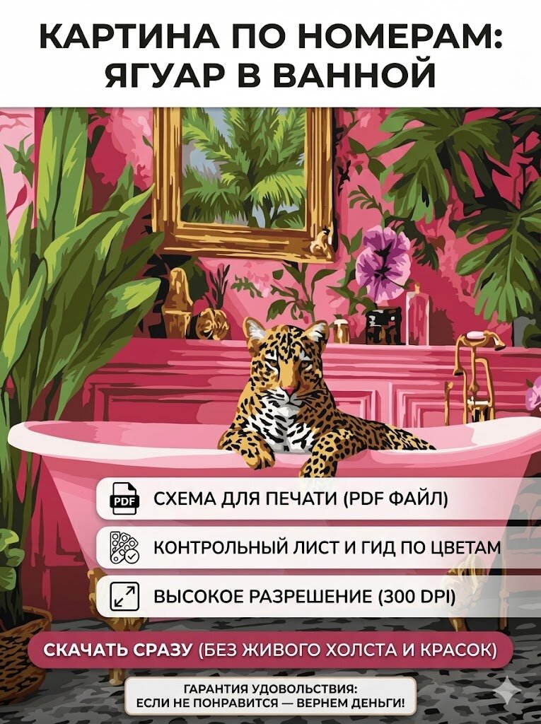 Картина по номерам "Ягуар в ванной", на холсте, PDF-инструкция