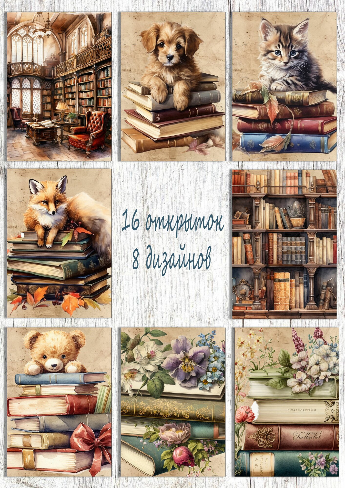 Открытки Книги Винтаж, 16 штук