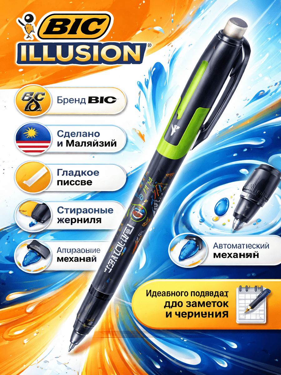 Гелевая ручка BIC Illusion стираемая черная, 1шт