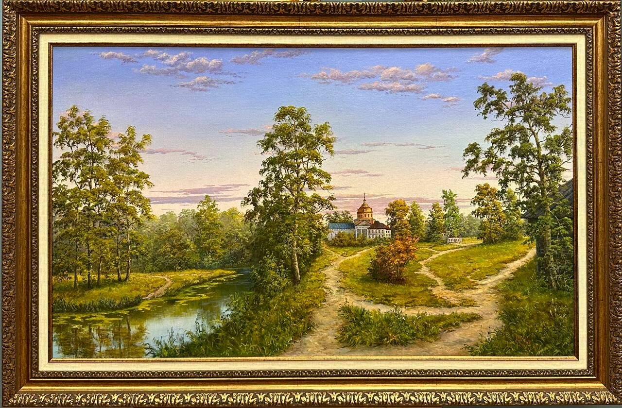 Картина маслом, летний пейзаж "Начало дня" 1. Холст/Масло. Размер 60х100. Автор Штынин А.