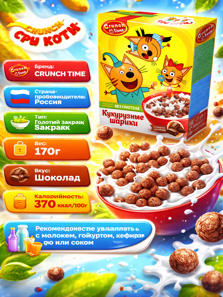 Готовый завтрак Crunch Time Три кота Кукурузные шарики с шоколадным вкусом, 170г