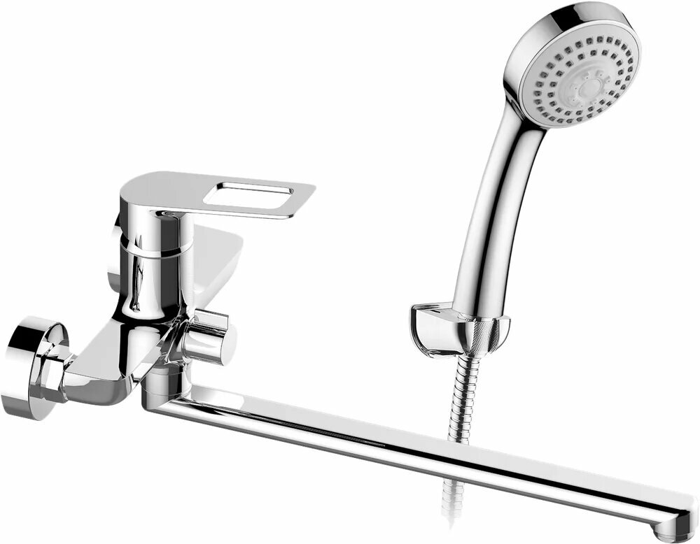 Смеситель для ванны с длинным изливом Elghansa Brunn New 5382306 с душевым гарнитуром, поворотный, латунный, хром, глянцевый, смеситель для ванны с душем, рычажный, с настенным держателем