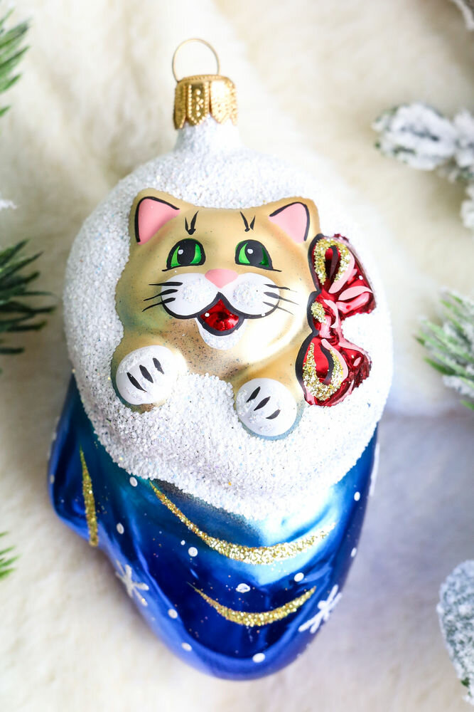 Стеклянная ёлочная игрушка рукавичка, синий, 80 мм, Елочка С960-кот-син