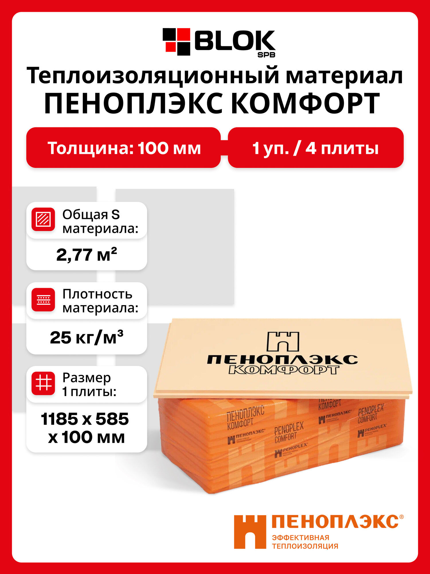 Пеноплекс Комфорт 100 мм ( 1 уп. / 2,77 м2 / 4 плиты) из пенополистирола для стен, крыши, пола