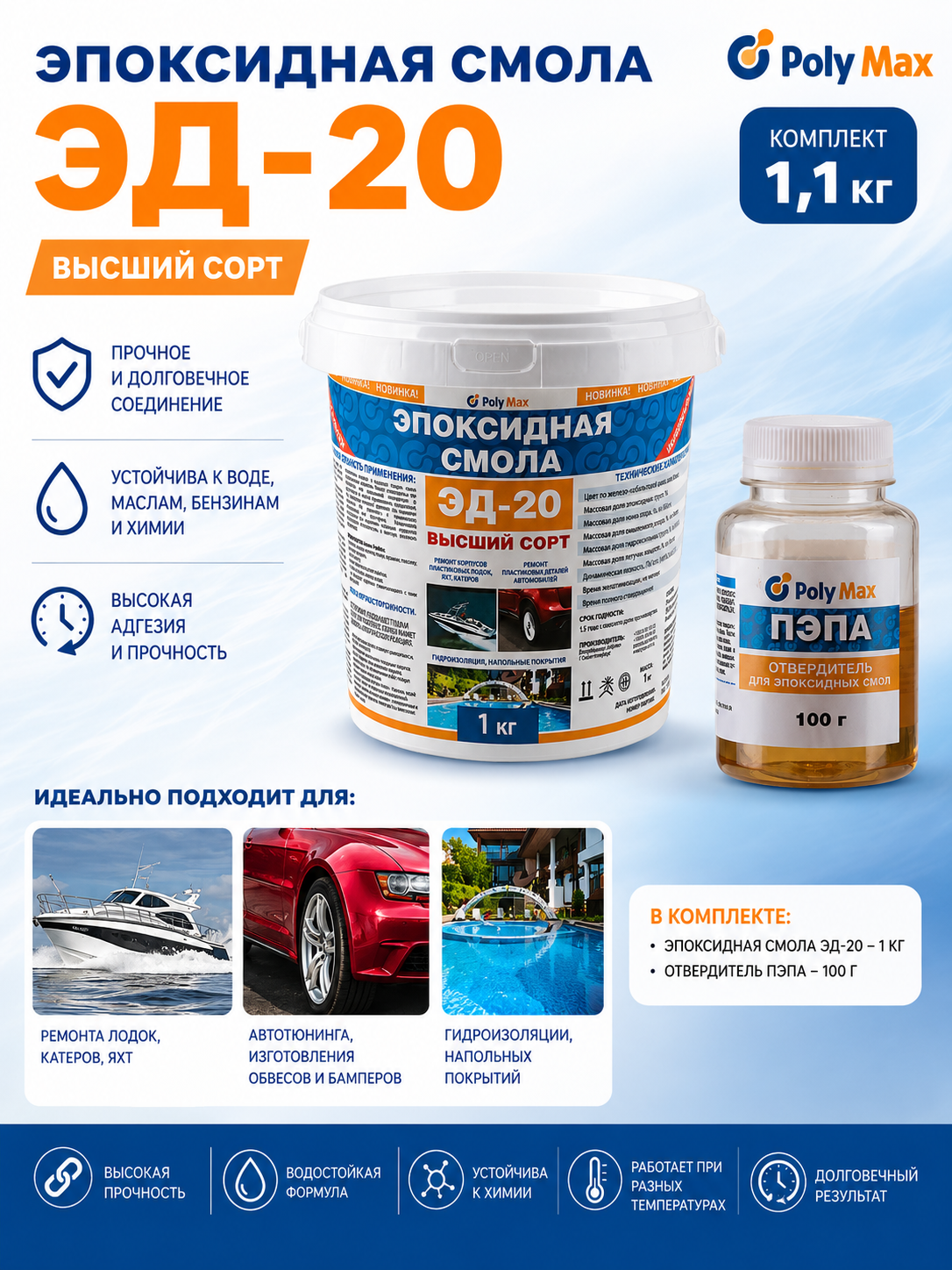 Эпоксидная смола Эд-20 (1 кг.) с отвердителем пэпа (100 гр.)