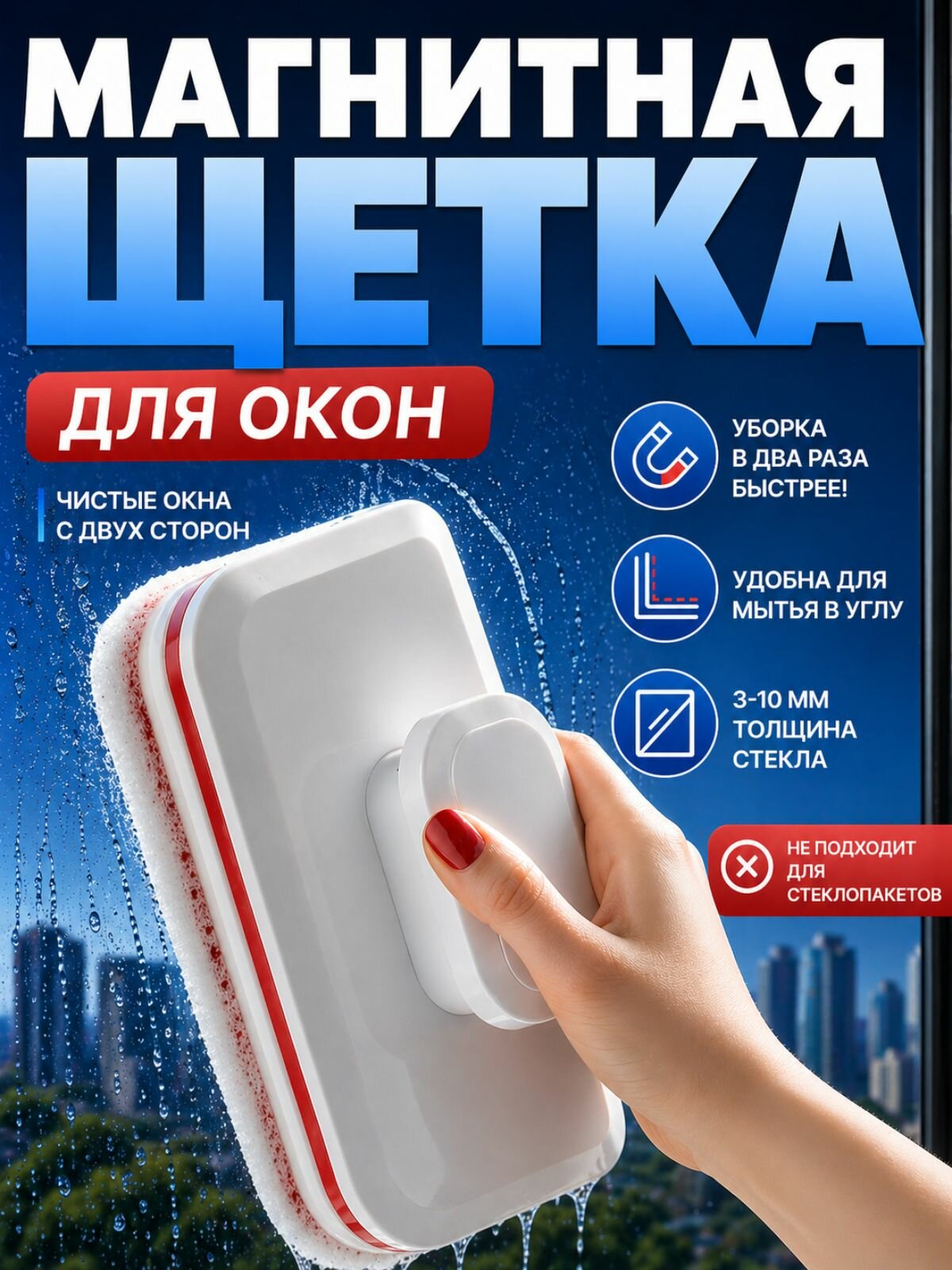 Магнитная щетка для мытья окон с двух сторон с водосгоном. Окномойка лоджий, балконов/Стеклоочиститель