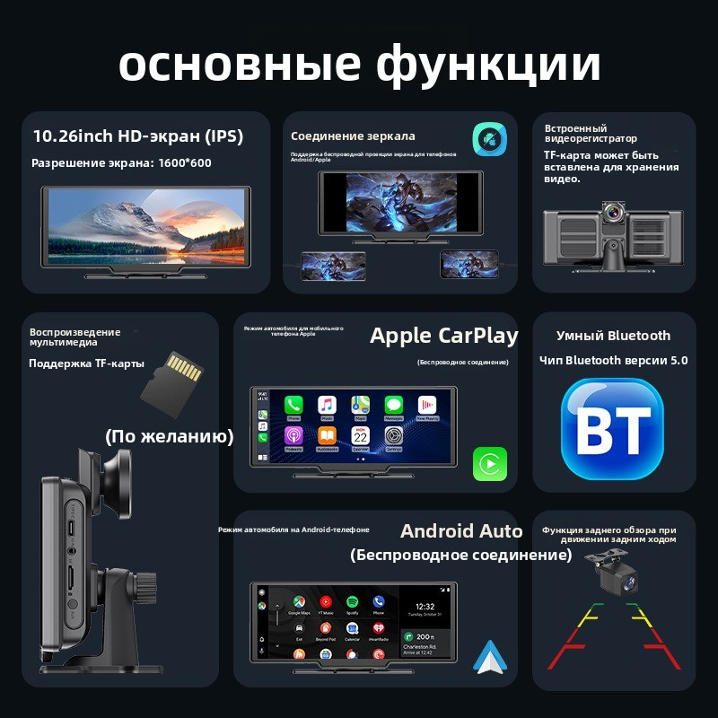 Портативная автомагнитола 10.26 дюйма с беспроводным CarPlay, Android Auto, видеорегистратором 4K, картой памяти 128 ГБ