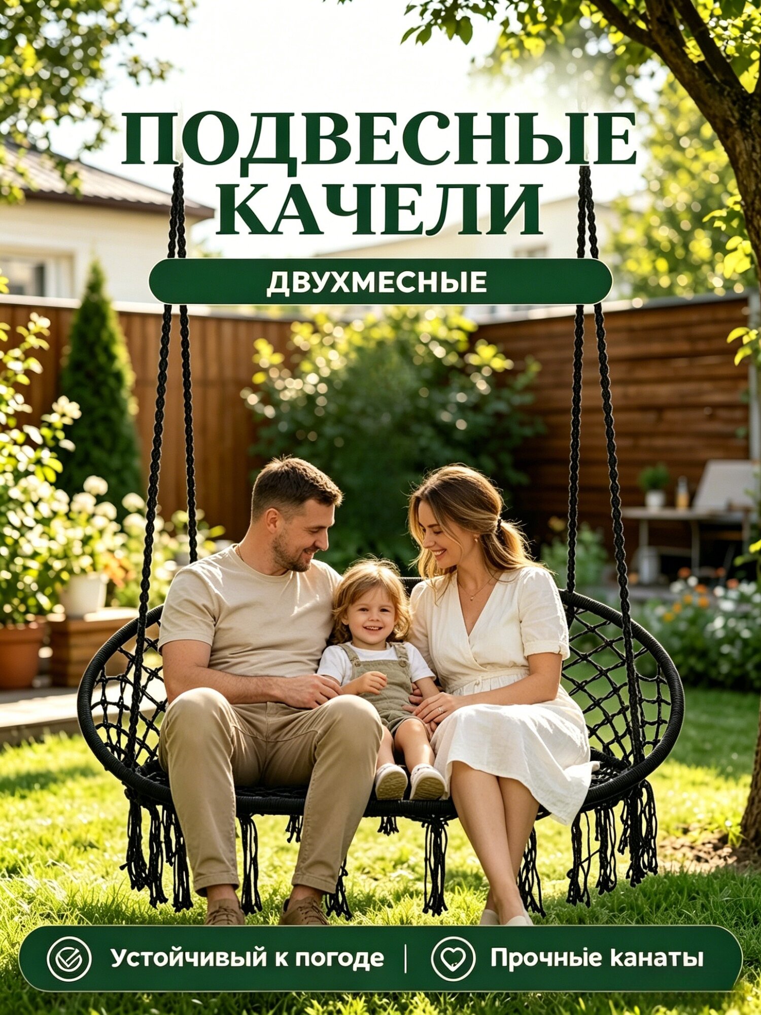Подвесное кресло-гамак VLAKEN, плетеное, 2-местное, до 200 кг