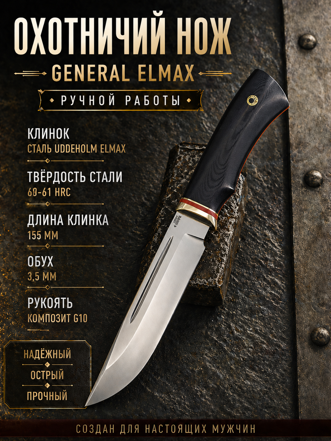 Нож фиксированный Борема Генерал, длина клинка 15,5 см, кованая сталь Uddeholm Elmax с чехлом