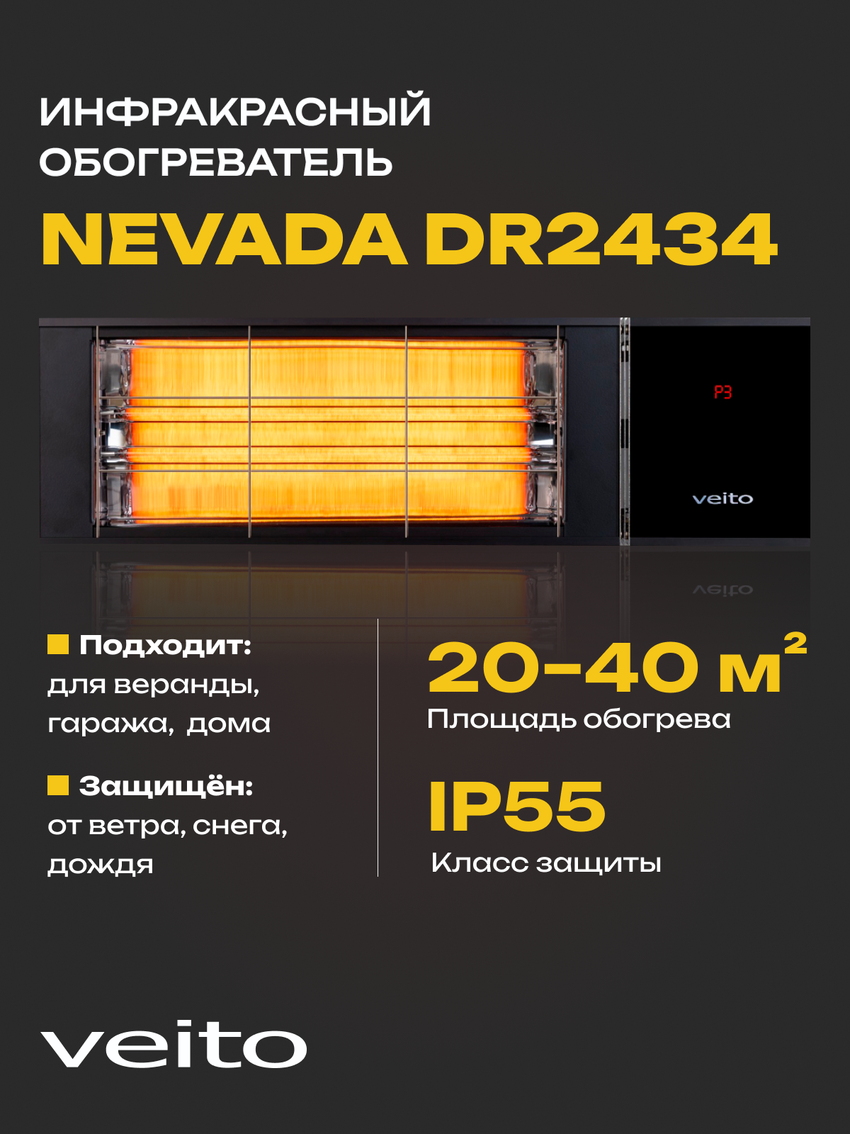 Настенный промышленный обогреватель VEITO NEVADA 3400 (DR2434), 3,4 кВт карбоновый, регулировка мощности, IP55, пульт ДУ
