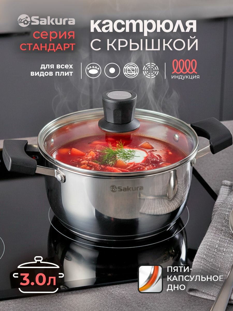 Кастрюля с крышкой из нержавеющей стали 3 л Sakura SA-P8020 Стандарт