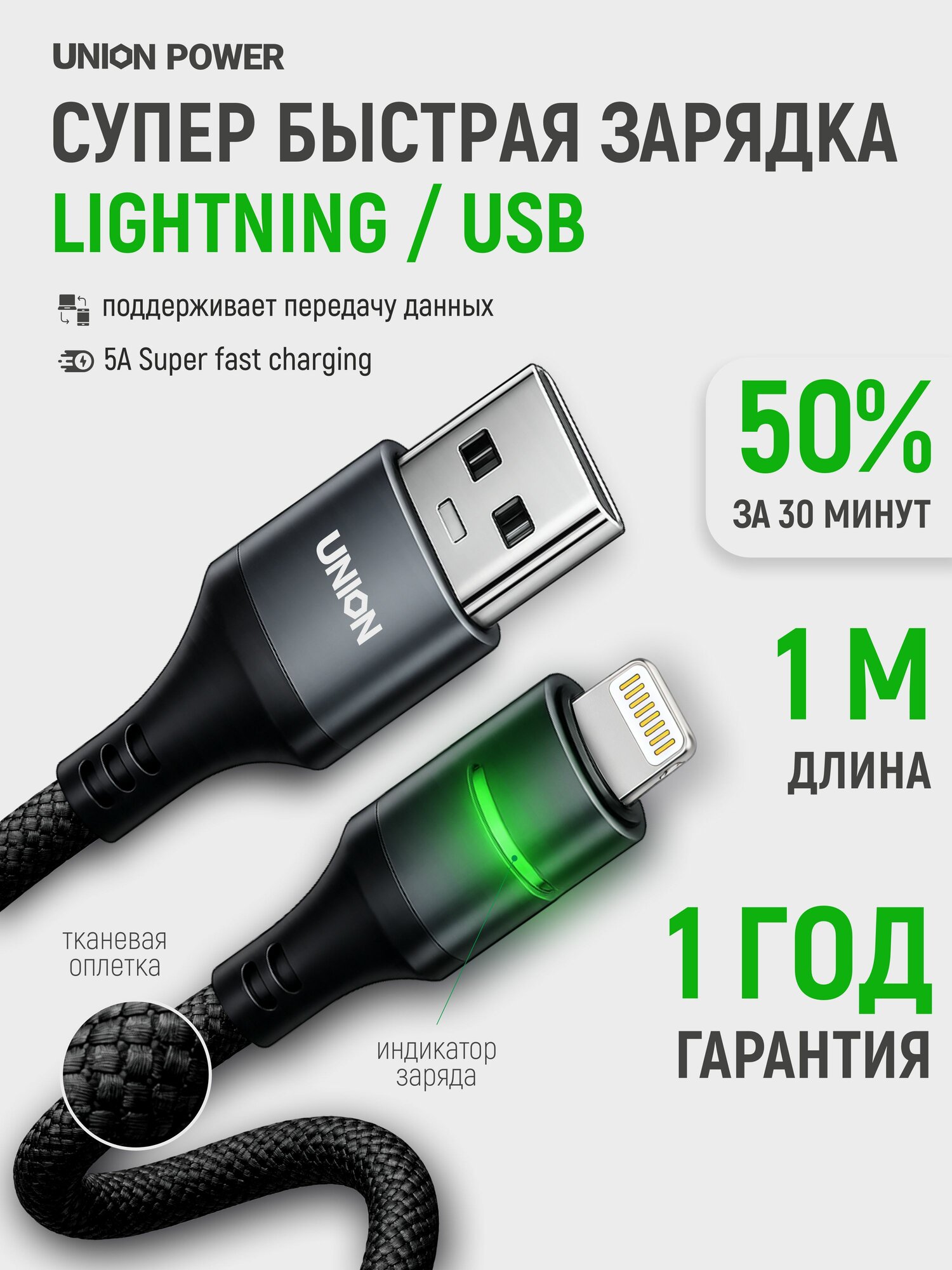 Кабель usb lightning 1 метр в тканевой оплетке / провод для айфона / для carplay - Union