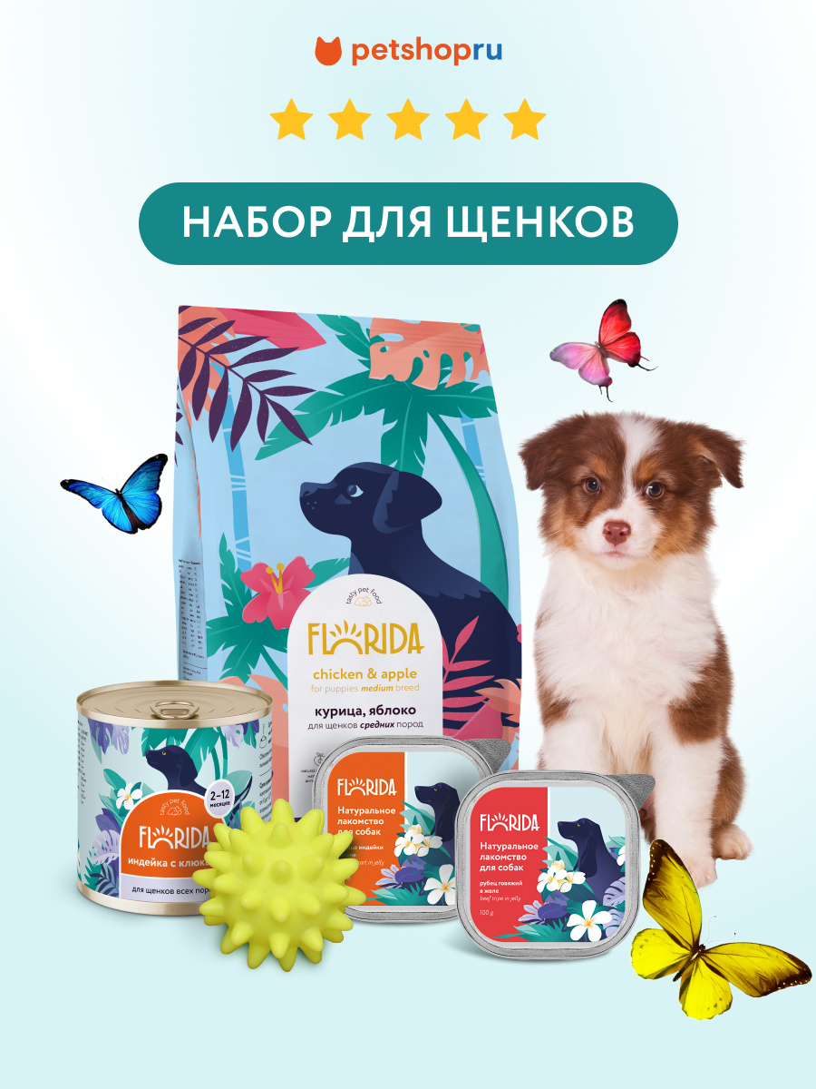 FLORIDA Стартовый набор для щенков с курицей сухой корм консервы мяч