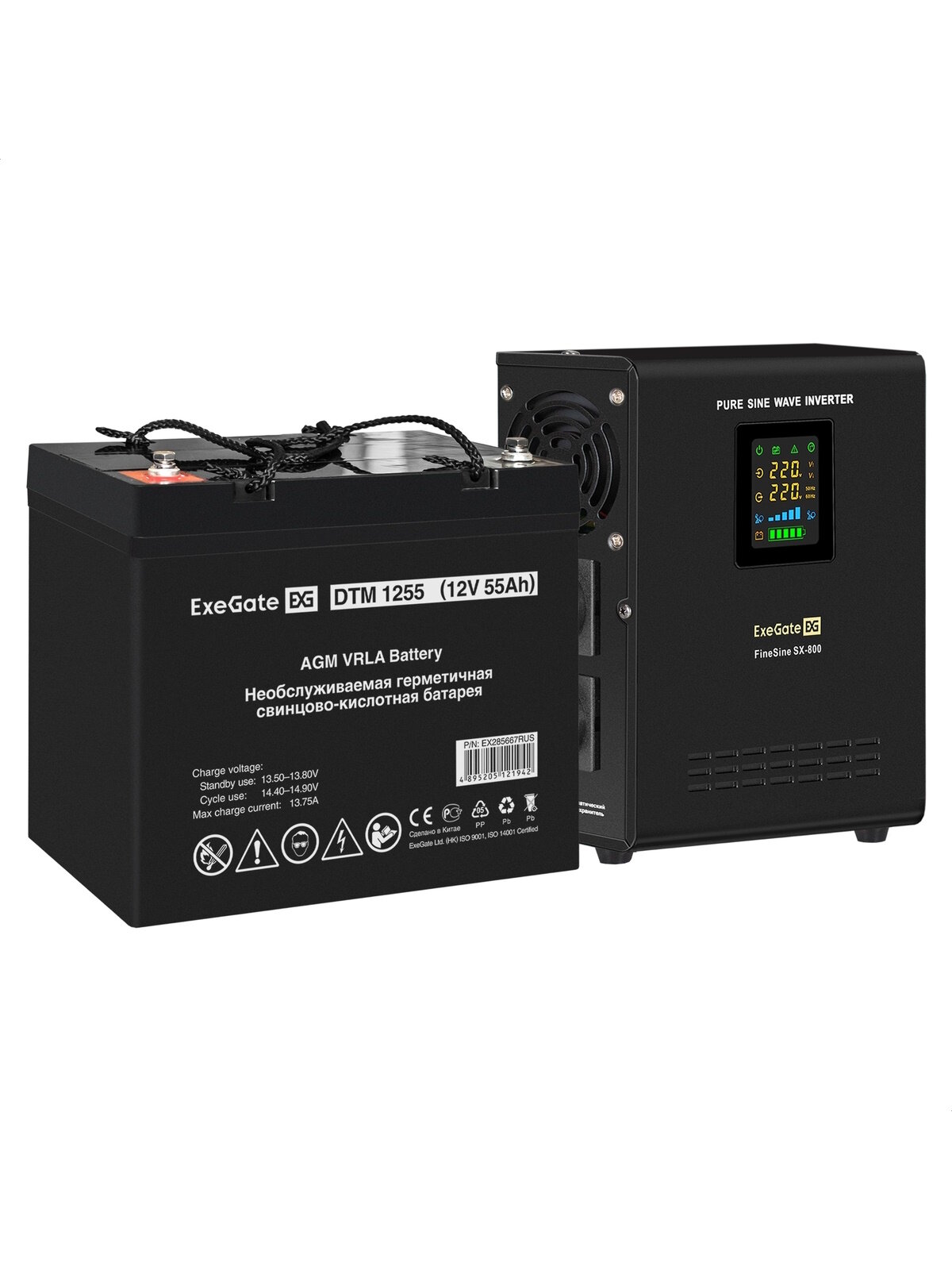 Комплект ИБП ExeGate FineSine SX-800. LCD. AVR.2SH EX295996RUS + батарея 55Aч EX285667RUS 1шт черный