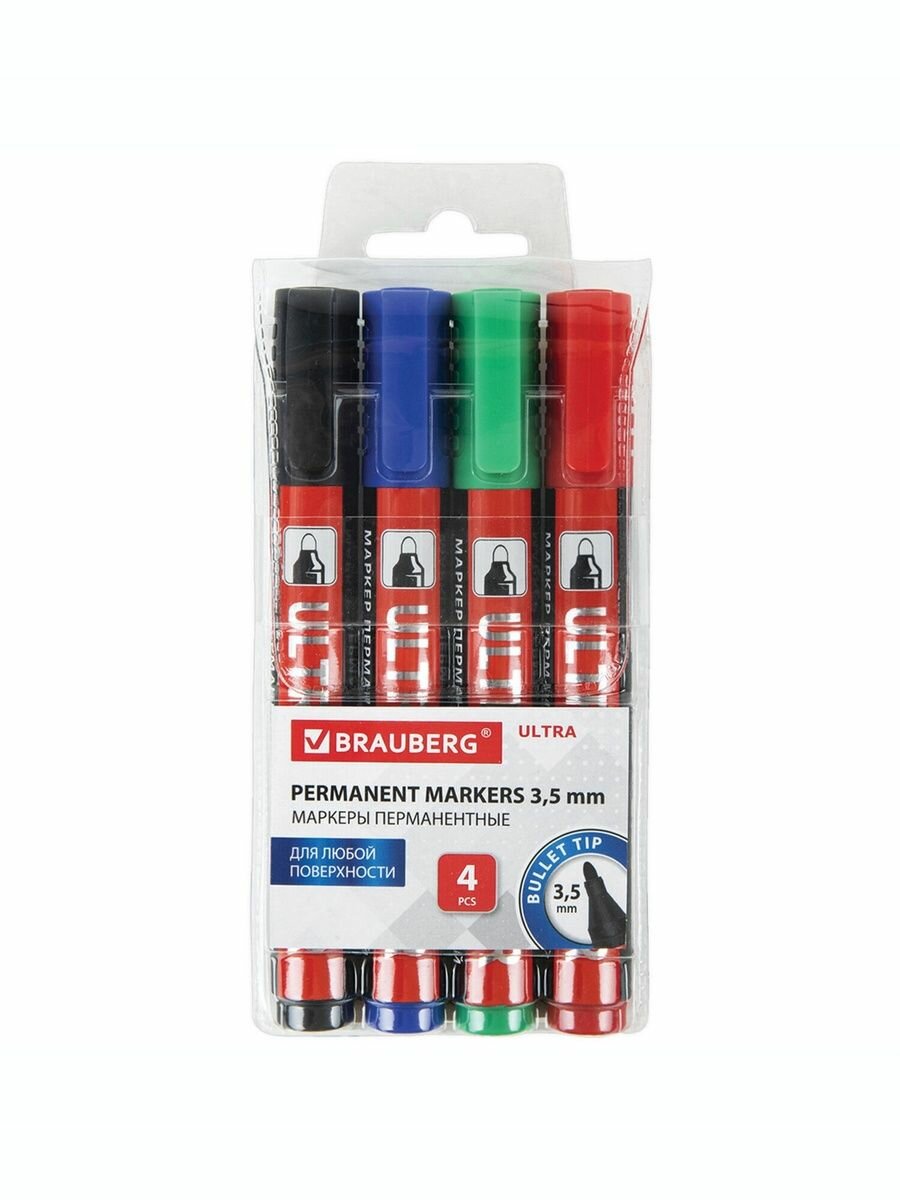 Маркеры перманентные, ULTRA MARKER, набор 4 цвета, круглый наконечник 3,5 мм, 152208