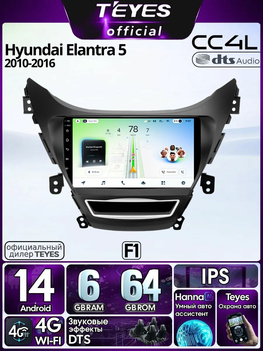 Магнитола Hyundai Elantra 5 2010-2016 (Комплектация F1) Teyes CC4L DTS 6/64GB, штатная магнитола, IPS экран, DSP,4G, Wi-Fi