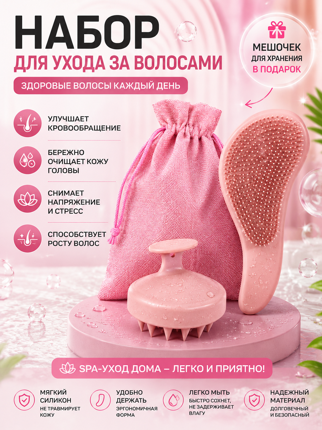 Набор для ухода за волосами - Массажная щетка для мытья головы + расческа для волос