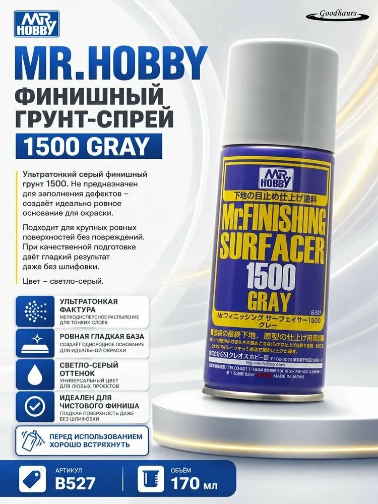 MR.HOBBY Mr.Finishing Surfacer 1500 Gray B527, серый финишный грунт-спрей для моделей, 170 мл