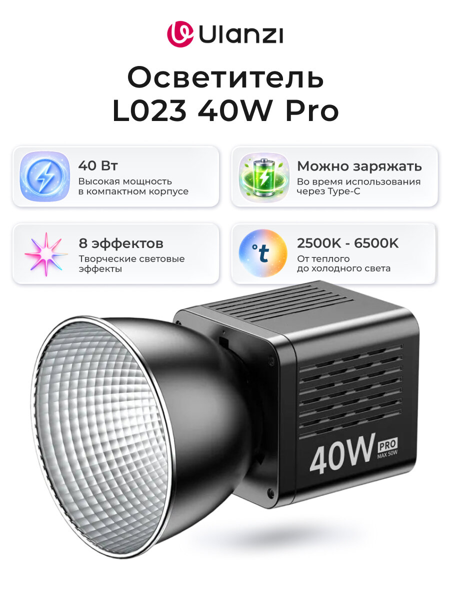 Осветитель Ulanzi L023 40W Pro Чёрный / Светодиодный осветитель / Видеосвет для съемки контента