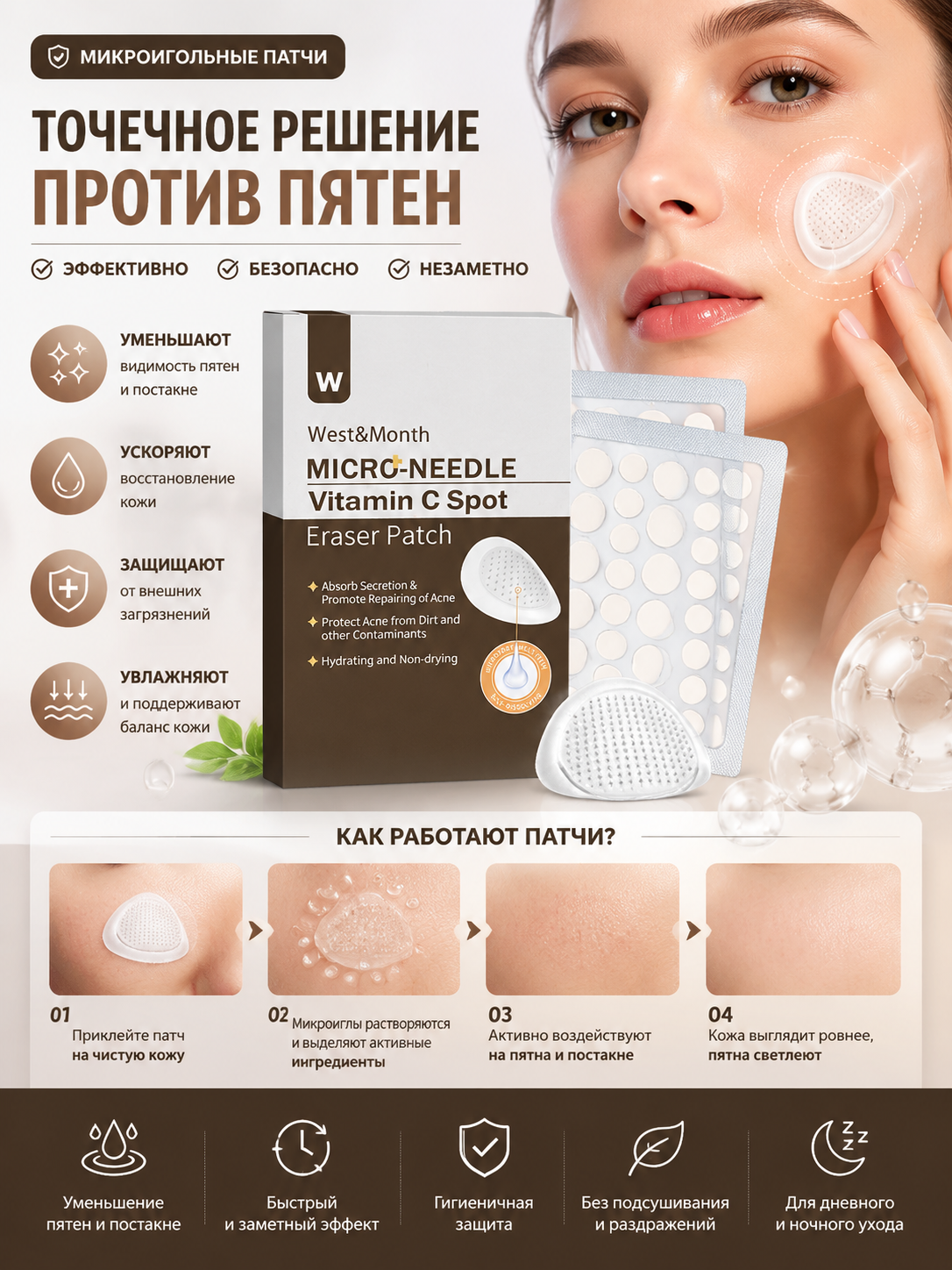 Микроигольчатый пластырь от пигментации и воспаления, для сужения пор