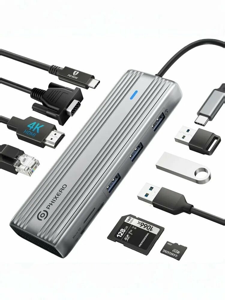 PHIXERO концентратор 9 портов USB 3.0, 5 Гбит/с, интерфейс Type-C, порт HDMI, 4K@30Hz, подходит для ПК, ноутбуков, жестких дисков и периферии, серый