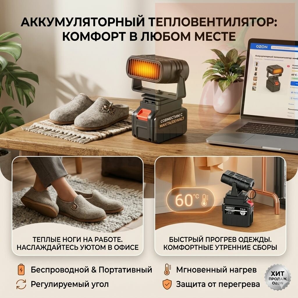 Обогреватель автомобильный аккумуляторный 18В/20В, портативный тепловентилятор для гаража и авто (без АКБ) обогрев салона авто компактный обогреватель на 18В для гаража