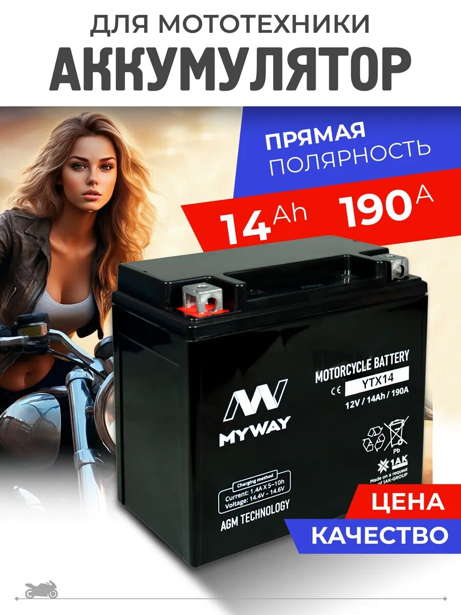 Аккумулятор для мототехники 12в 14 ампер на мотоцикл AGM
