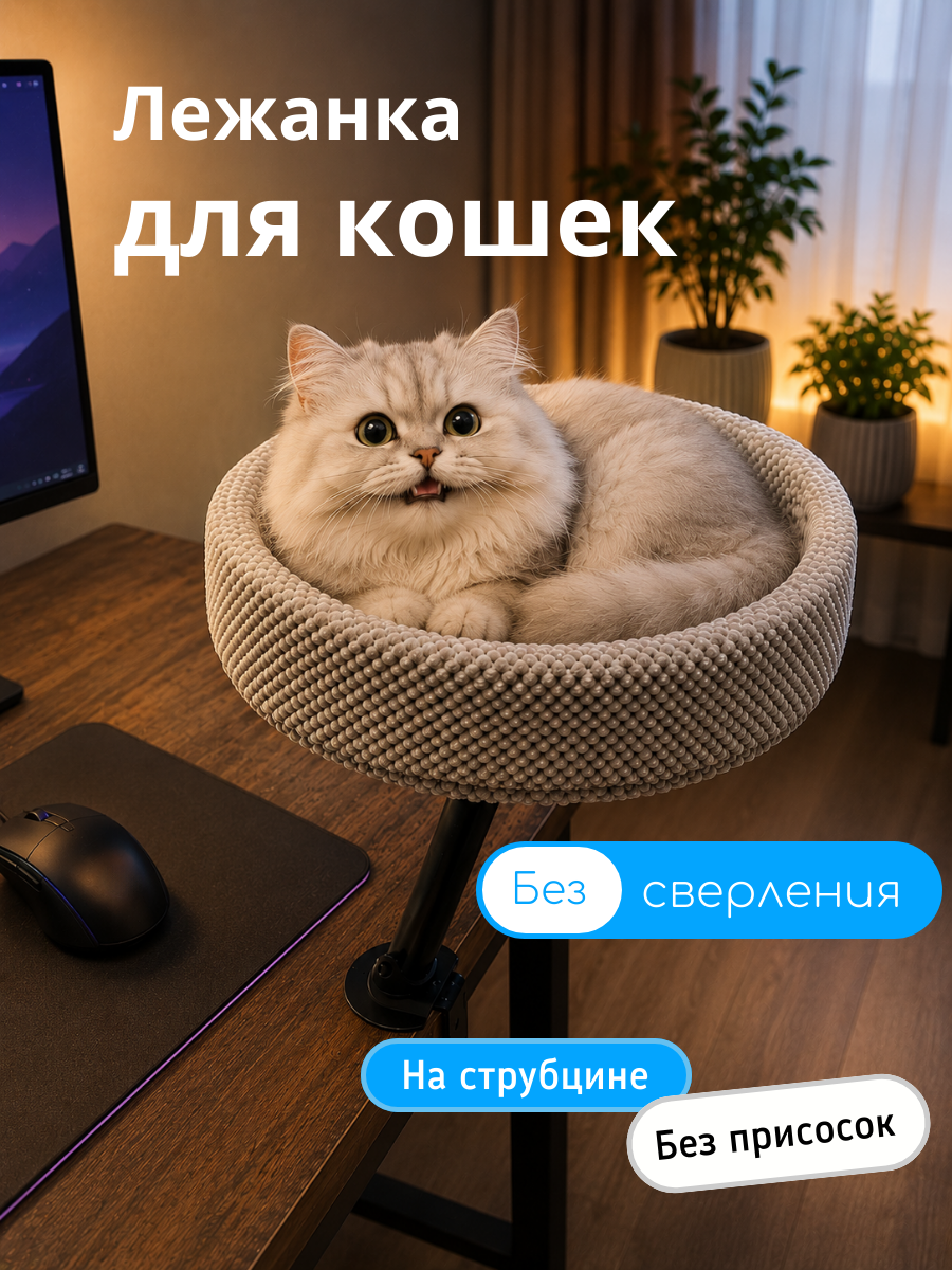 Лежак для кошек настольный с мягким бортиком на кронштейне серого цвета