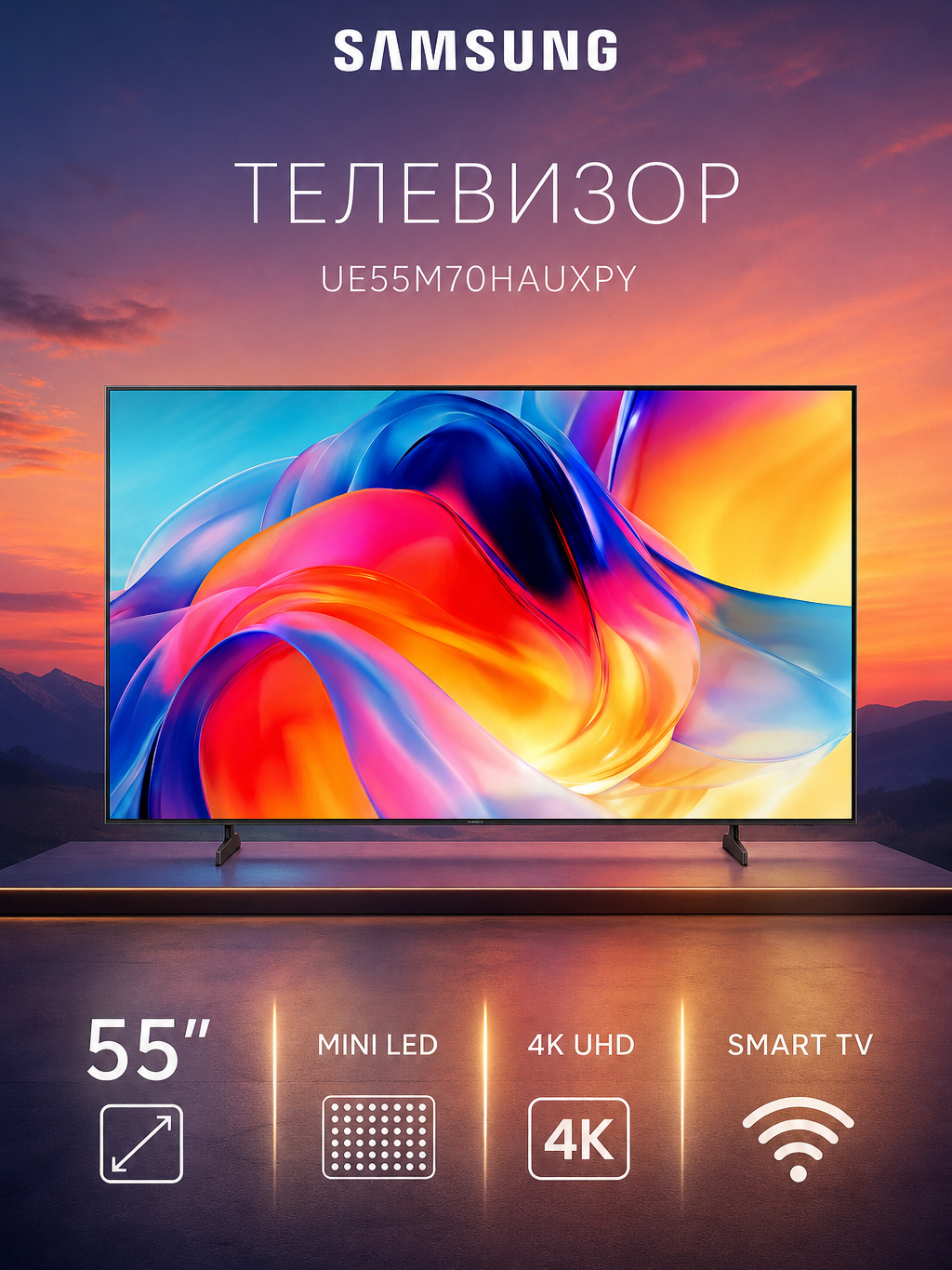 Телевизор Samsung 55" UE55M70HAUXPY, Smart TV, подсветка Mini LED, черный