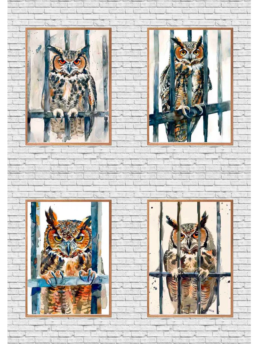 Птица-сова - преступник в тюрьме, 4 Плаката, 30x21см