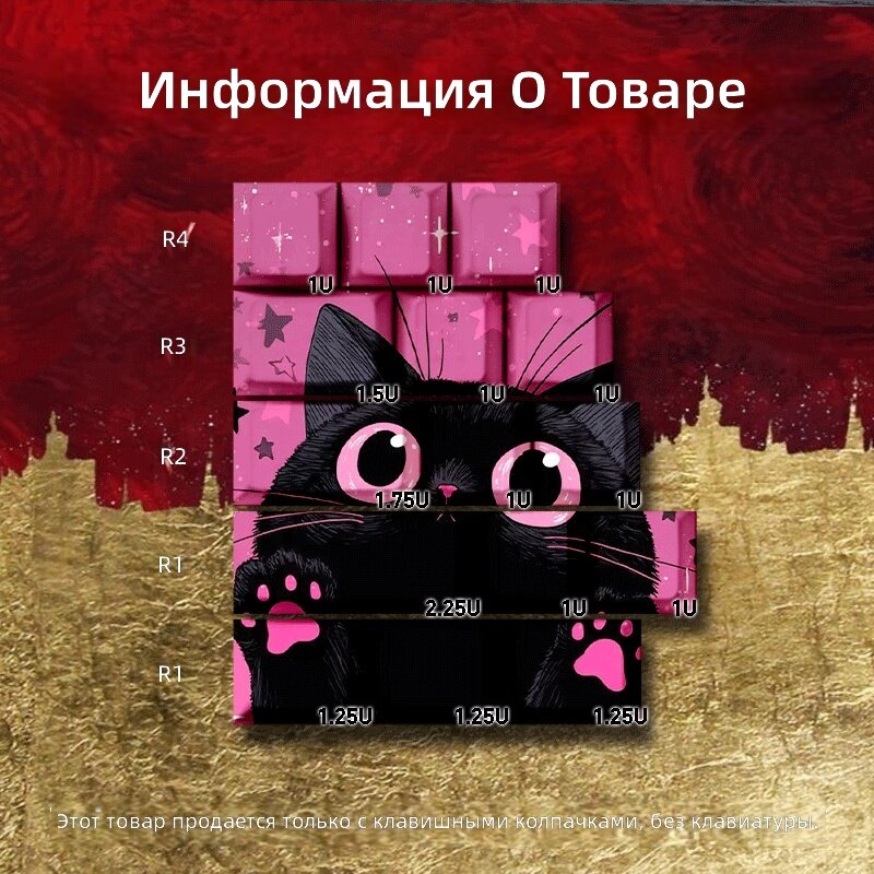 Набор механических кейкапов 15 клавиш OEM профиль, PBT, сублимационная печать, черный кот на розовом фоне, надписи "KEYCAPS" и "This Product Only Sells Keycaps, Not Keyboard" (только кейкапы, клавиатура не входит)