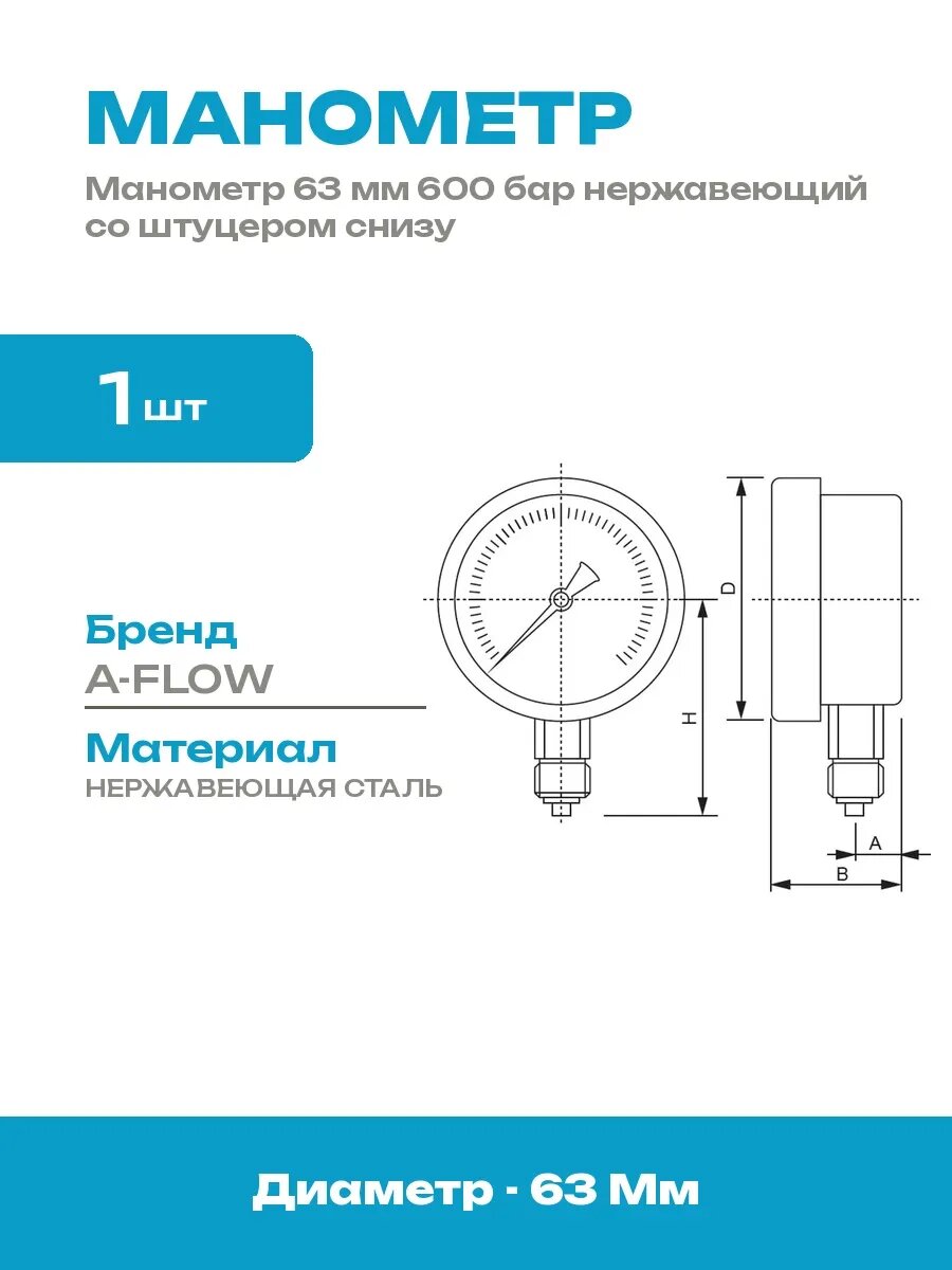 Манометр нержавеющий 60 МПа 63 мм для гидравлических систем