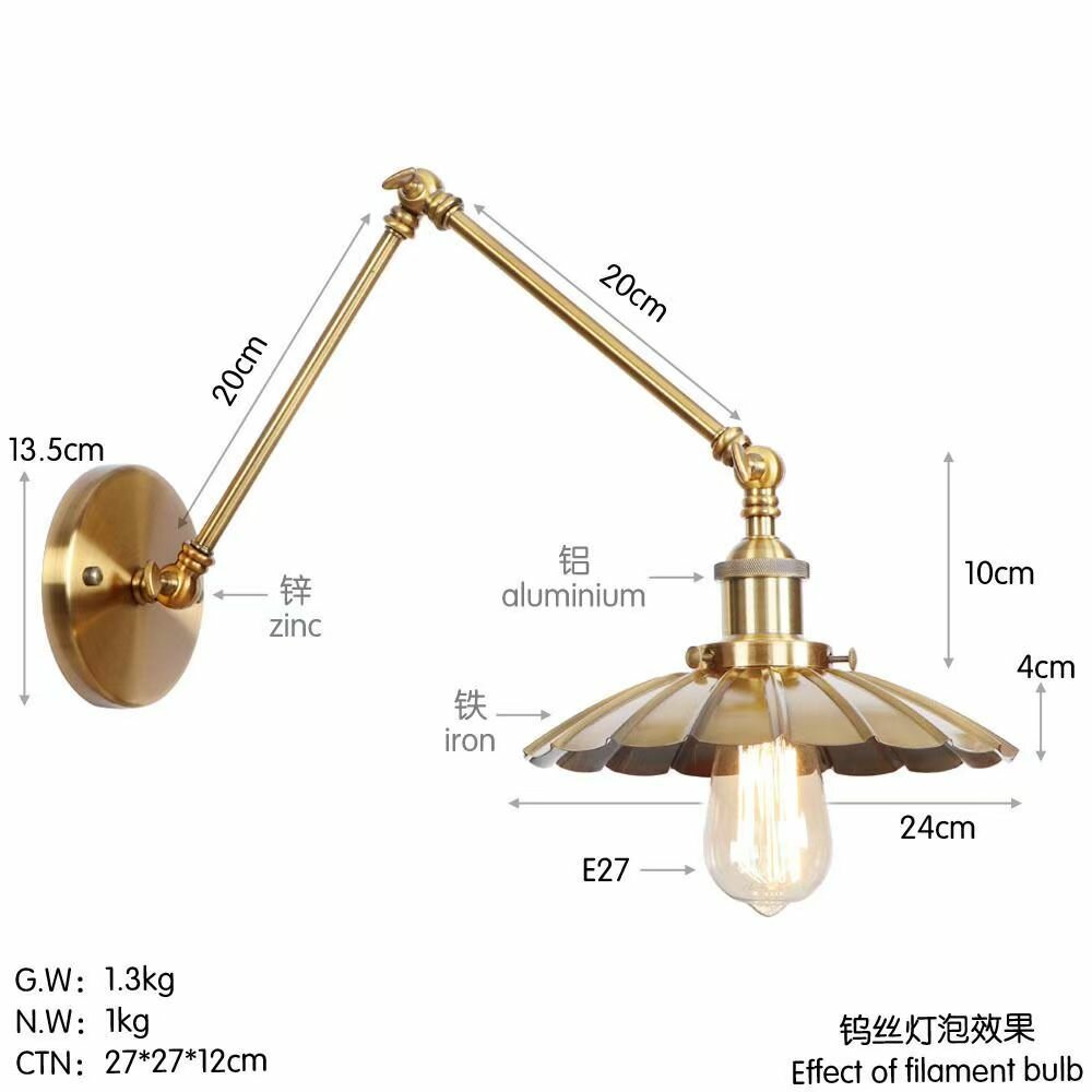 Винтажный бронзовый настенный светильник GY E27, 20-20cm Золотой