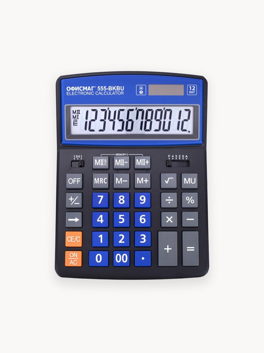 Калькулятор настольный большой 12 разрядный, 206x155 мм, двойное питание, черный, Офисмаг 555-BKBU, 271927