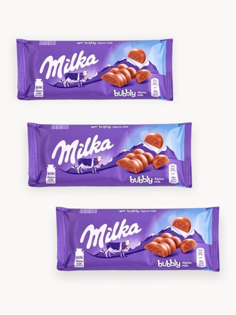 Шоколадная плитка Milka Bubbly Milk, пористый молочный шоколад 3 шт х 90г (Германия)