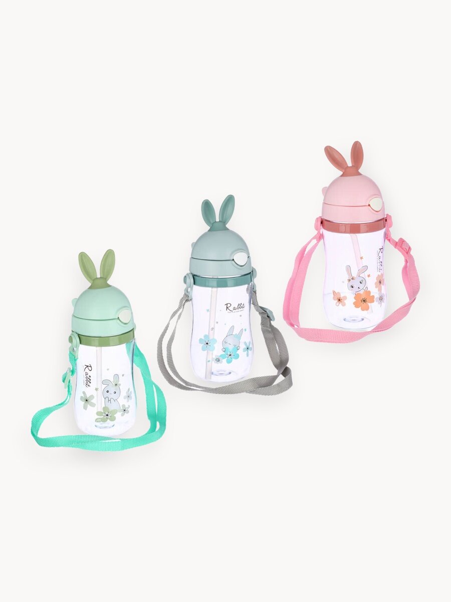 Бутылка детская с ушками, 420мл, полипропилен, с крышкой, трубочкой и ремешком, бирюзовый