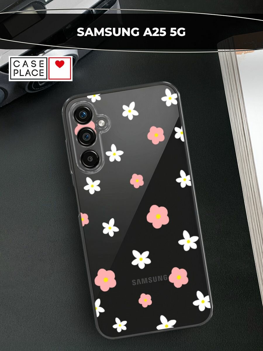 Чехол на Samsung Galaxy A25 5G / Самсунг Галакси A25 5G с принтом "Розовые и белые цветы", прозрачный