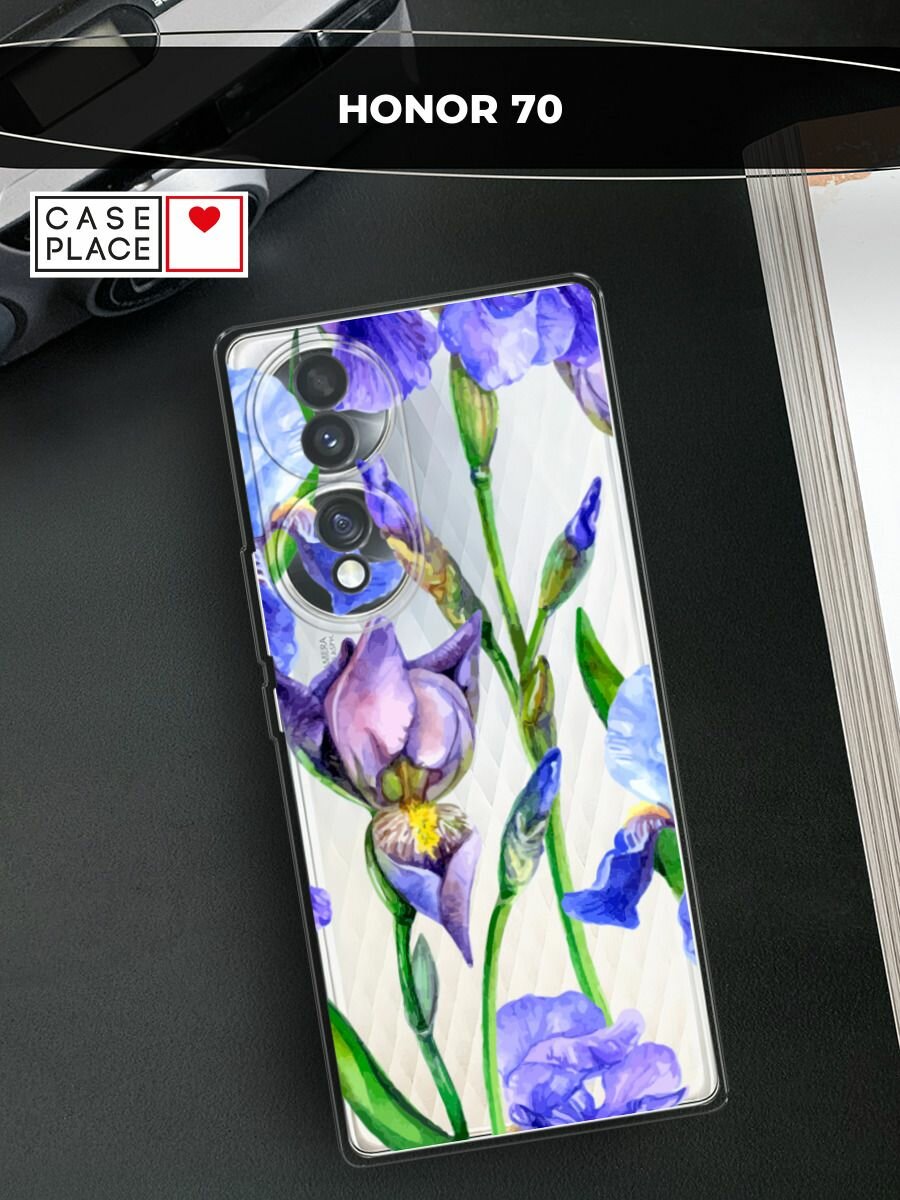 Чехол на Honor 70 / Хонор 70 с принтом "Синие ирисы", прозрачный