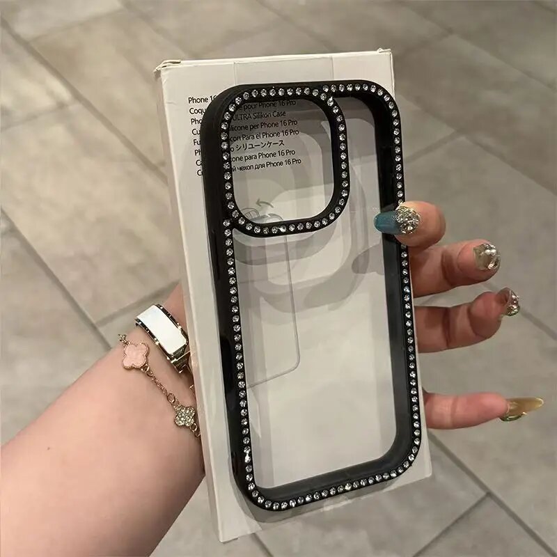 Роскошный прозрачный чехол для телефона с бриллиантами для iPhone 17, 16, Айфон 15, Черный, черный
