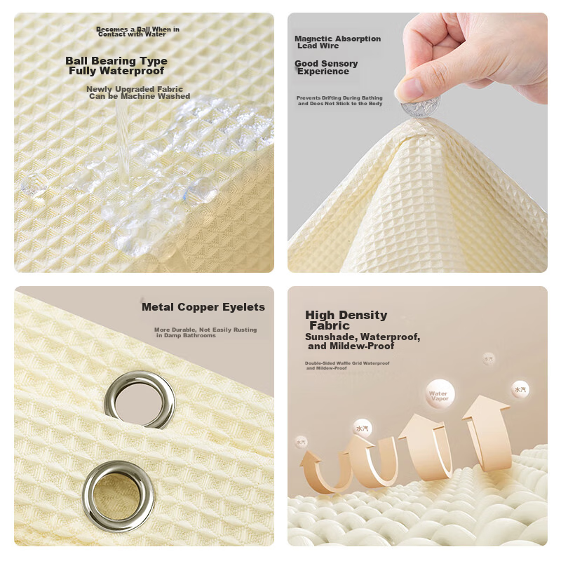 Guifeng Shower Curtain, No Drilling Required, Bathroom Partition Curtain, Window Curtain, Wet And Dry Separation, Waterproof, Mold-Proof, Warm Yellow Waffle Pattern Curtain, 1.8*2.0M