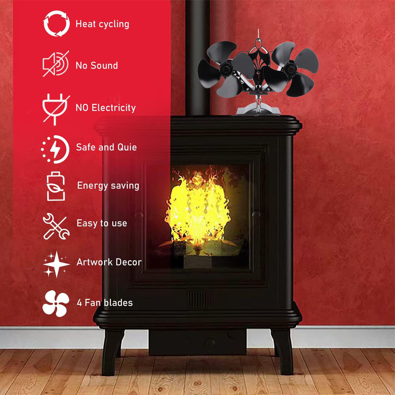 8-лопастной вентилятор для дровяной печи из алюминиевого сплава, тихий и эффективный вентилятор для камина с магнитным термометром