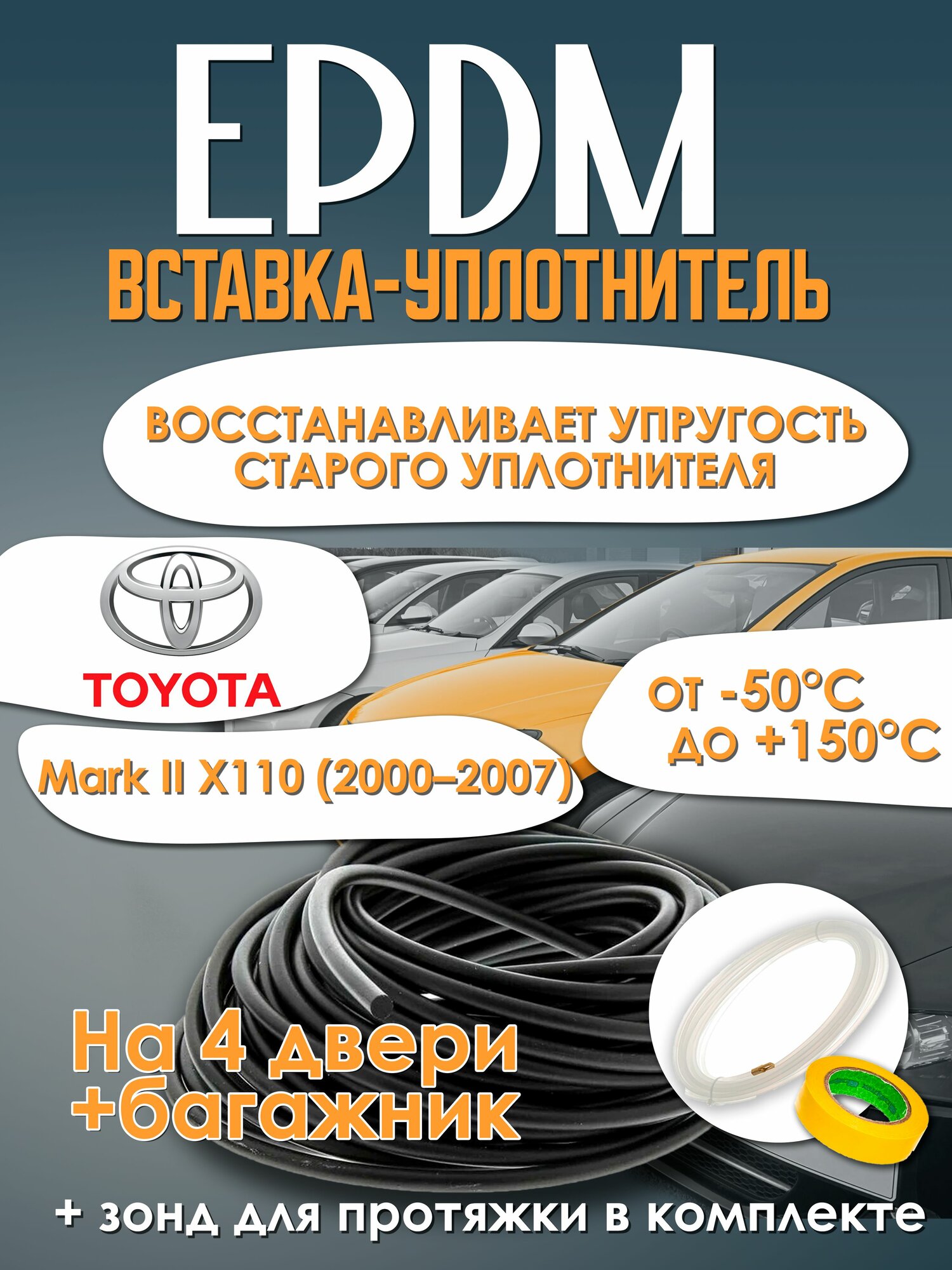 EPDM вставка-уплотнитель для дверей автомобиля Toyota Mark II X110 (2000-2007) / Тойота Марк 2 Икс110