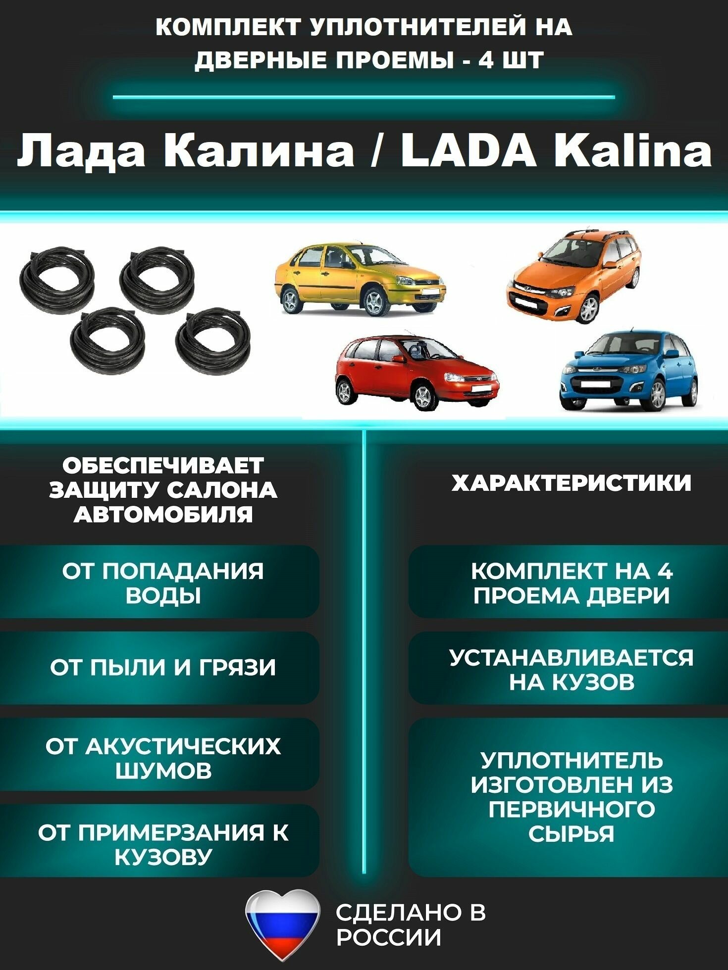 Уплотнители (резинка) проема дверей комплект 4 штуки для LADA Kalina, II, Калина 1, 2 Cross, Sport - седан, универсал, хэтчбек