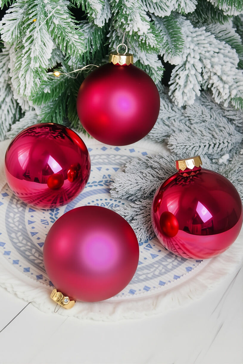 Набор стеклянных шаров матовых и глянцевых, цвет: ягодная фуксия, 100 мм, 4 шт, Winter Deco 141635/1001457