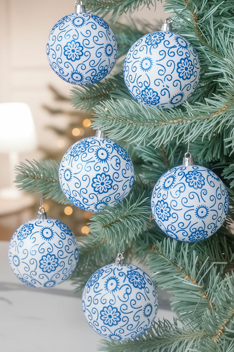 Набор ёлочных шаров зимняя гжель, пластик, 8 см, 6 шт, Винтер Деко (Winter Deco) 1000635
