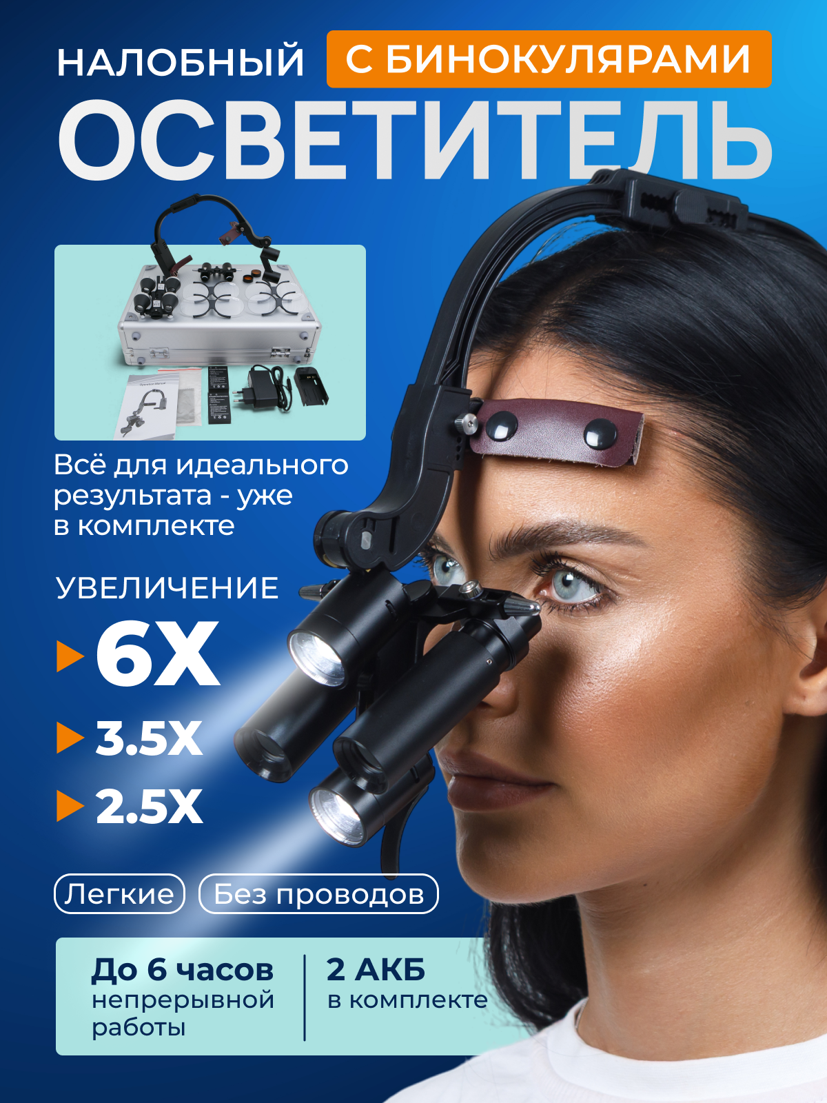 Налобный осветитель с комплектом бинокуляров 6х/3.5х/2.5х и корректирующими стеклами 3х/2.5х/2х/1.5х
