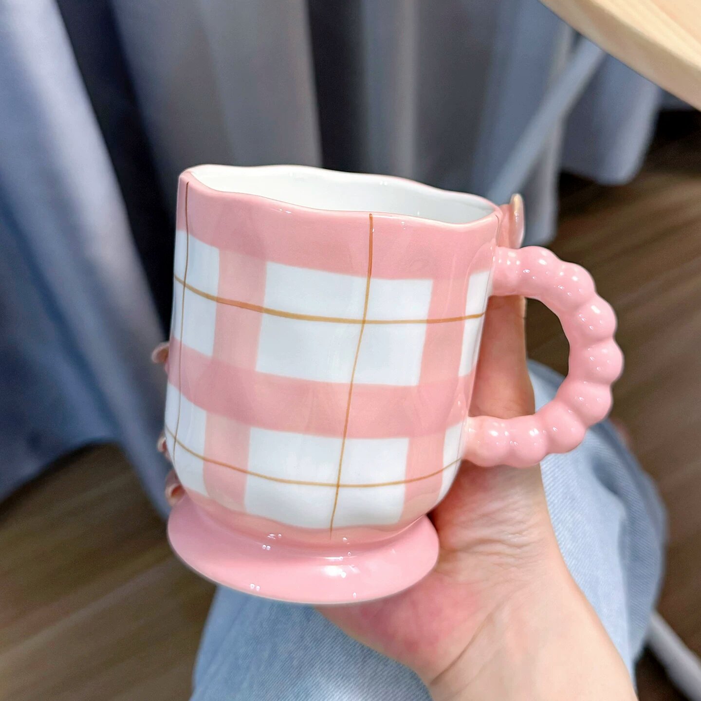 Фиолетовая кружка в клетку с крышкой и ложкой, керамическая чашка, парные чашки для воды, подарок на день рождения для